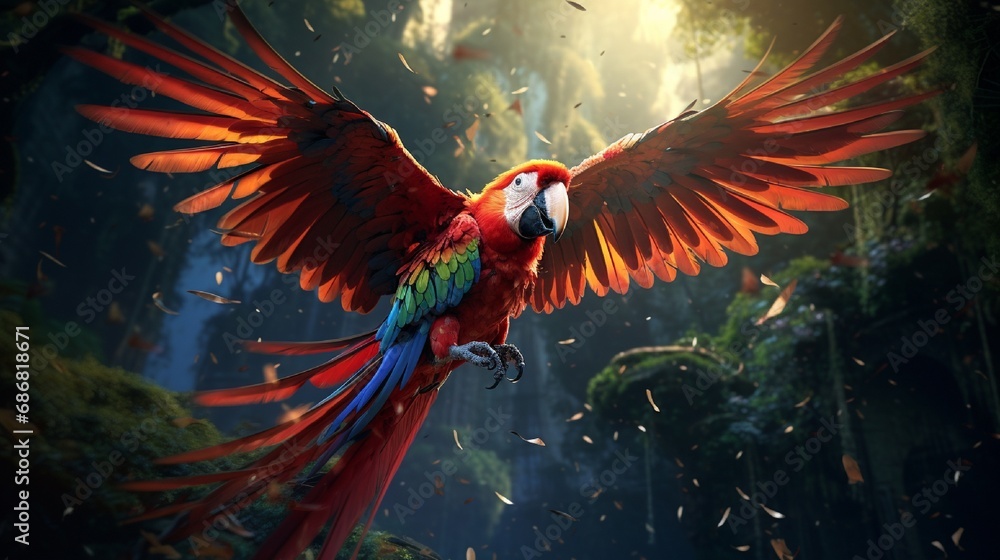 Foto de In the heart of the jungle, a hybrid macaw bursts into flight ...