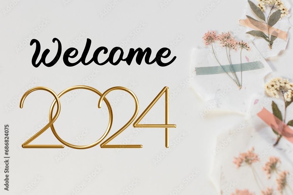 Welcome 2024 Hand calligraphy lettering. Welcome 2024 text design. New Year celebration concept ...