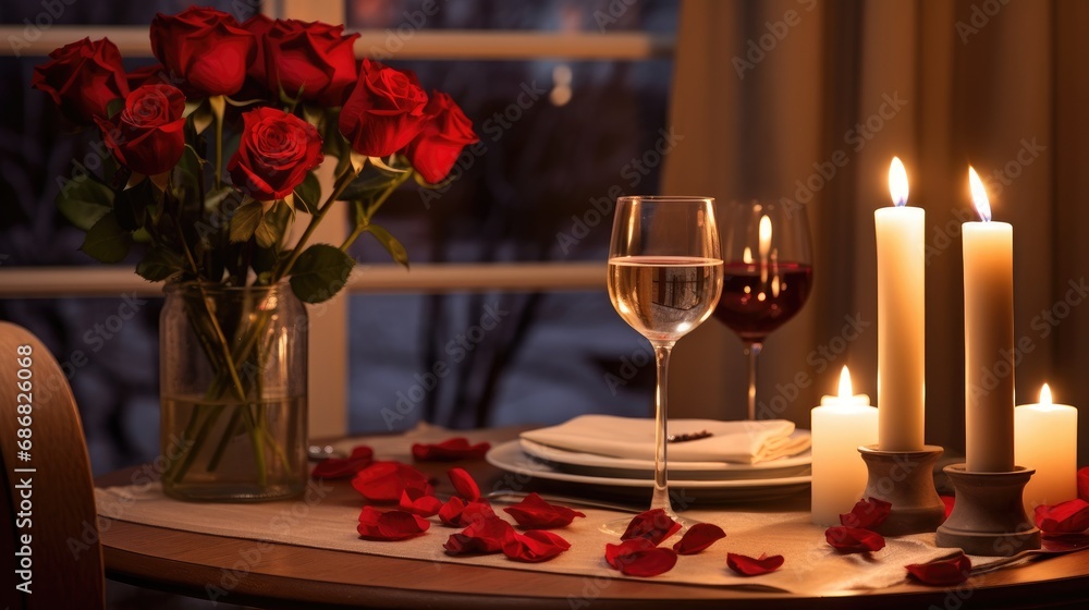 Romantic Valentine's Day dinner with a candlelit setting, roses, and ...