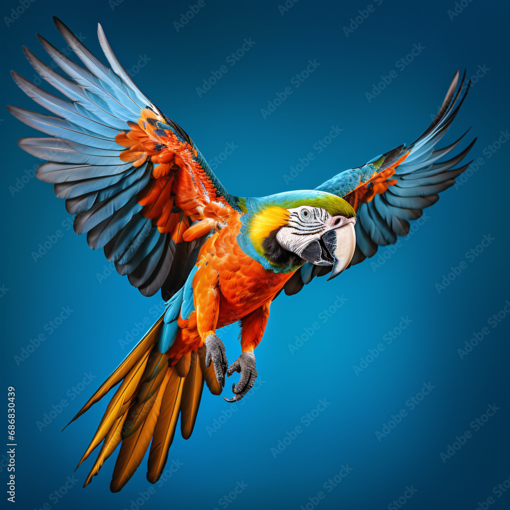 Fotka „Photograph of a Macaw parrot flying in the air taken at a studio ...