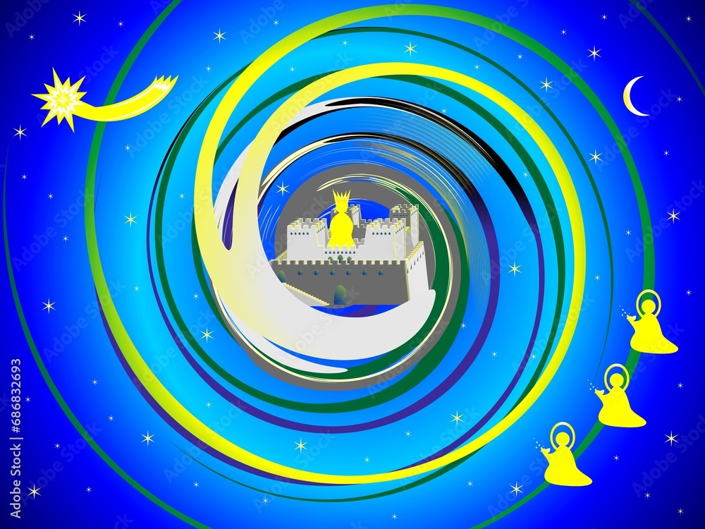 Abstract Christmas scene with journey of three wise men from east, King ...