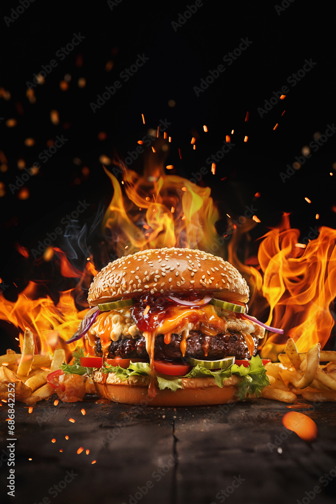 Fire embers particles over black background. Tasty burger on grill ...