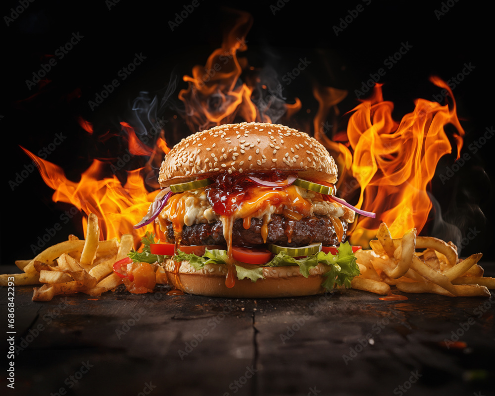 Fire embers particles over black background. Tasty burger on grill ...
