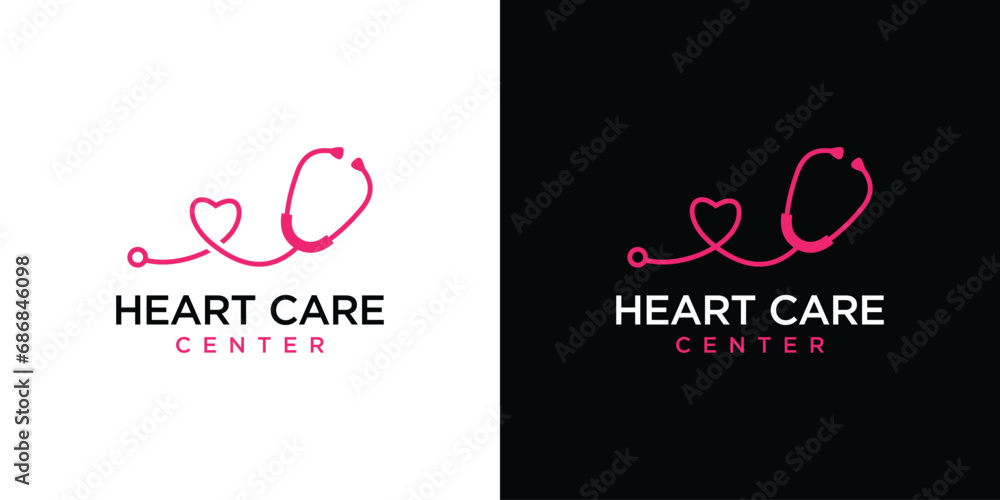 Heart Care Logo Designs. Stethoscope Healthcare with Minimalist Outline ...
