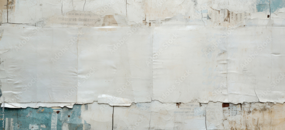 Old urban street billboard with white peeling posters and stickers ...