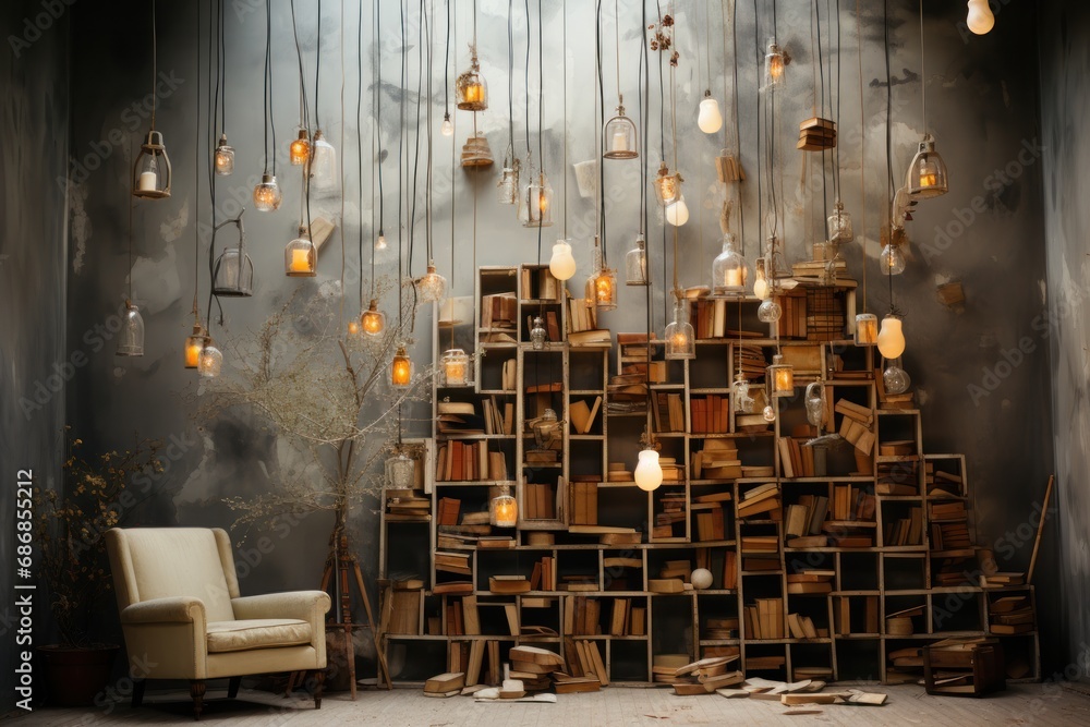 Step into an ethereal realm where old books hang suspended, creating a ...