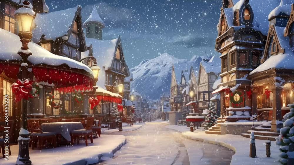 Winter Wonderland, Snow-Covered Village Town with Christmas Lights ...
