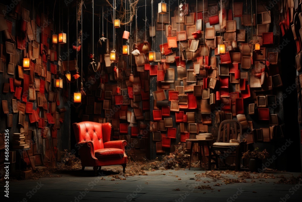 Step into an ethereal realm where old books hang suspended, creating a ...