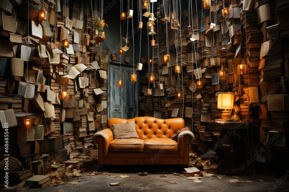 Step into an ethereal realm where old books hang suspended, creating a ...