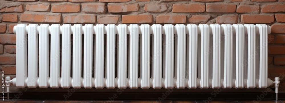 A white radiator is sitting in front of a brick wall. Generative AI ...