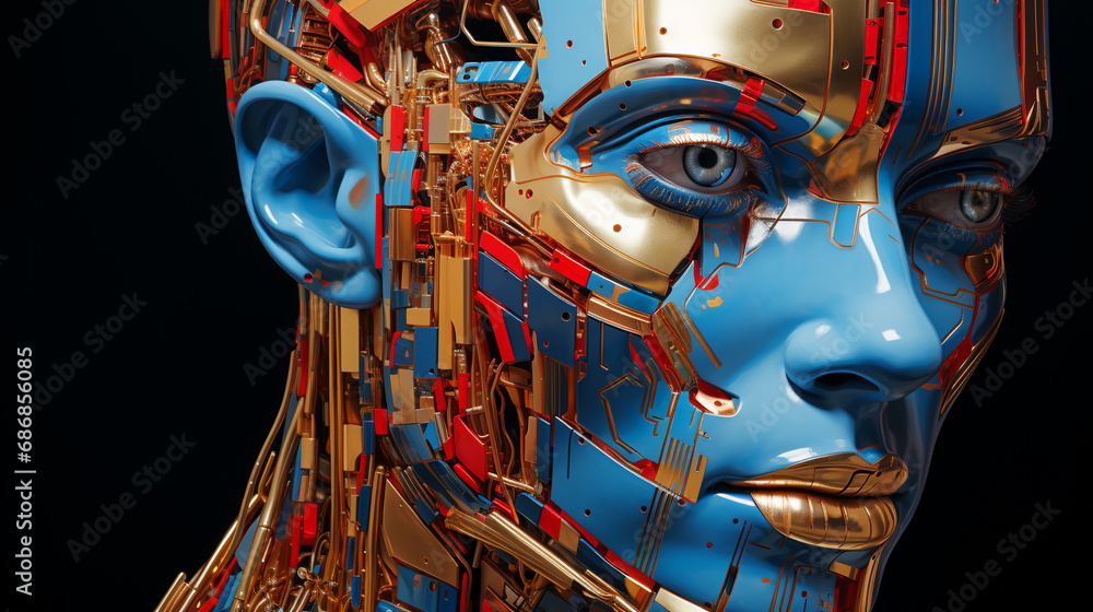 a bright red and blue digital painting of a Gold robot, in the style of ...