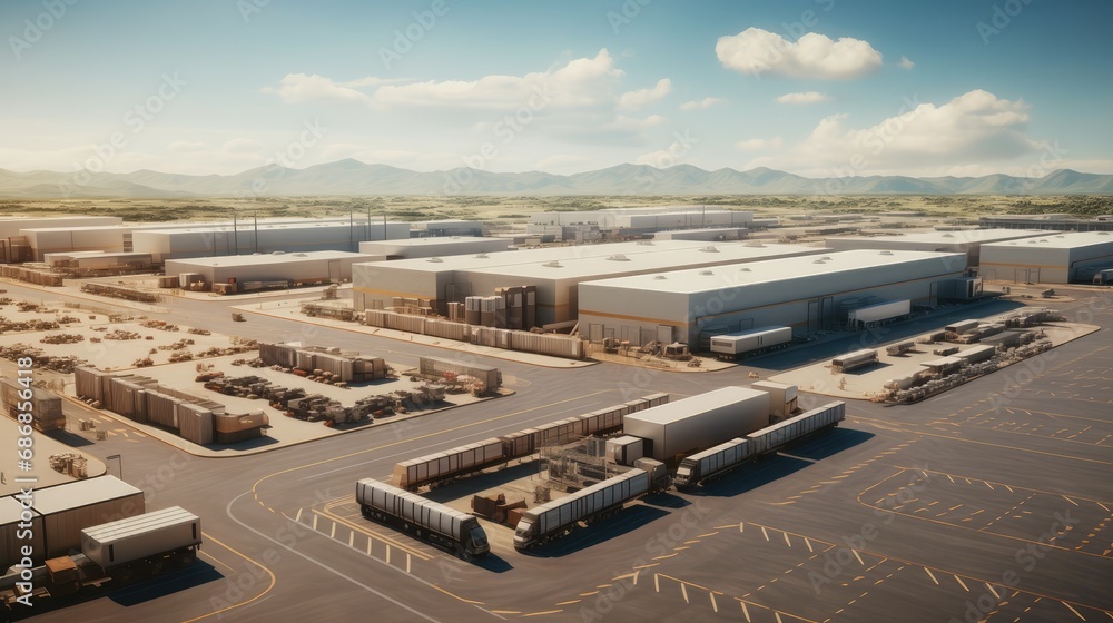 a modern logistics park, capturing warehouses, loading hubs, and a ...