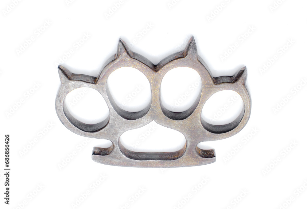 Old metal brass knuckles knuckledusters with spikes isolated on white ...