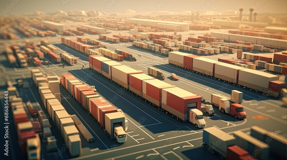 a modern logistics park, capturing warehouses, loading hubs, and a ...