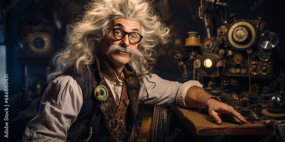 Steampunk inventor character portrait, brass goggles atop messy hair ...