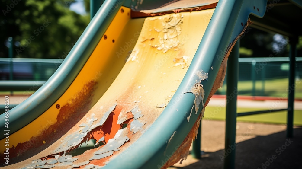Old, broken playground slide in a dilapidated amusement park poses a ...