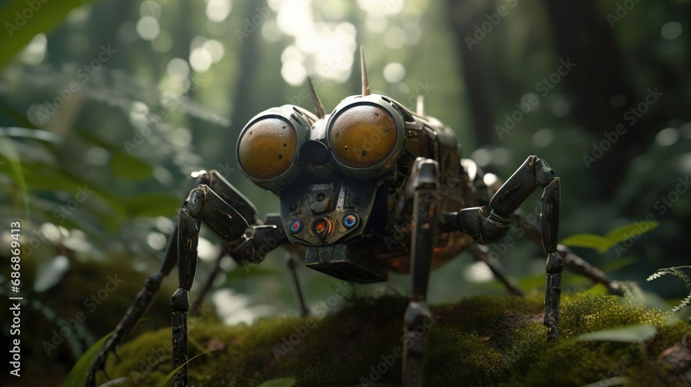 Metal mechanical cyborg robotic spider. Industrial robotic drone insect ...