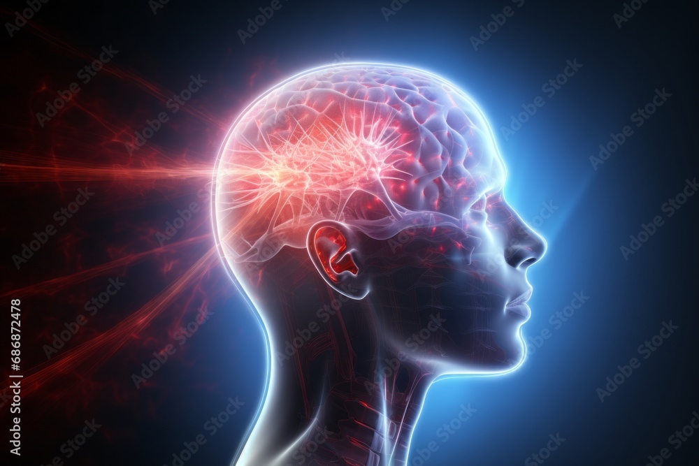 3D side image of human head with luminous brain network, electrical ...