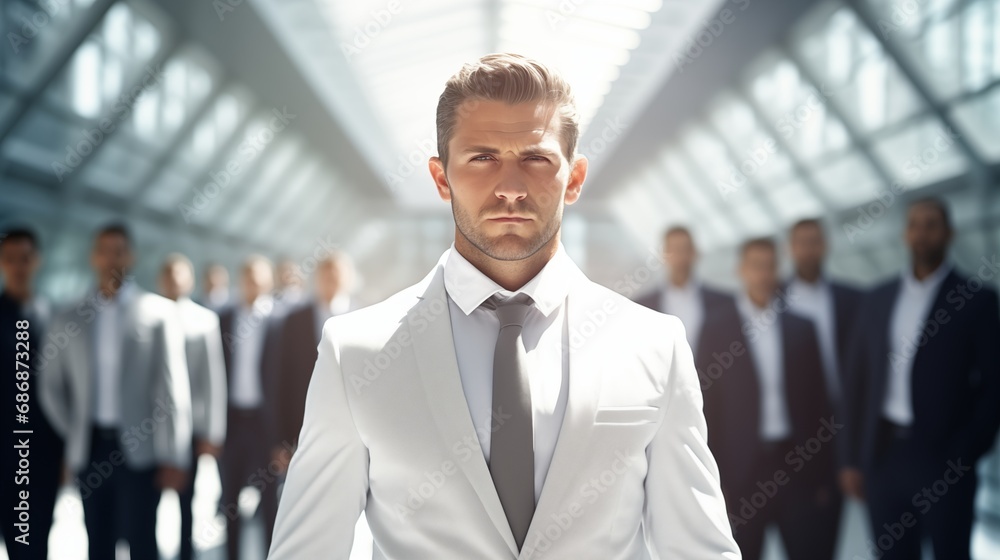 Confident businessman, in a collaborative leadership stance with her ...