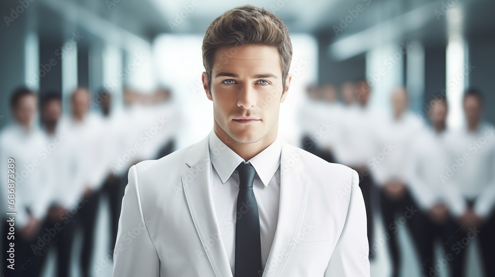 Businessman stands confidently with her team, embodying collaborative ...