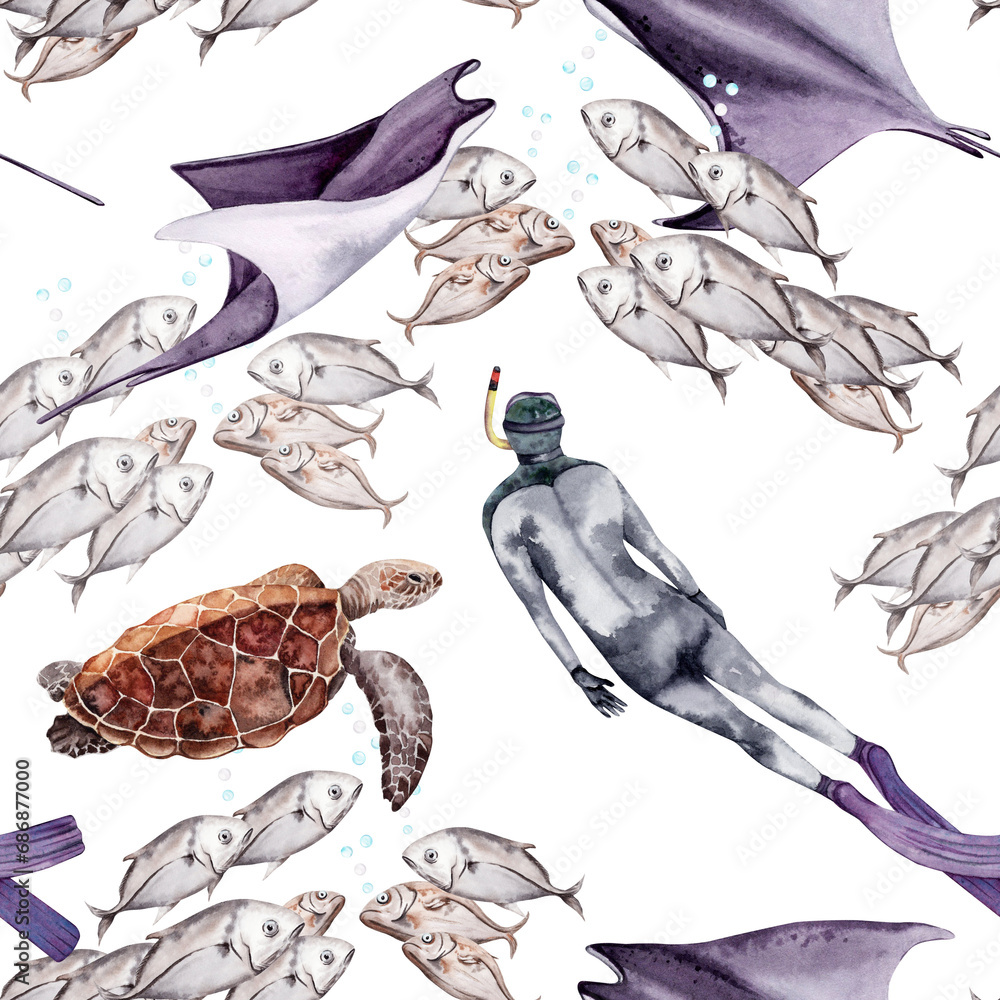 Seamless pattern with fishes, giant clam, turtle and a human diver ...