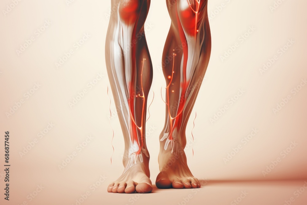 3D illustration of human lower limbs with muscles, arteries and veins ...