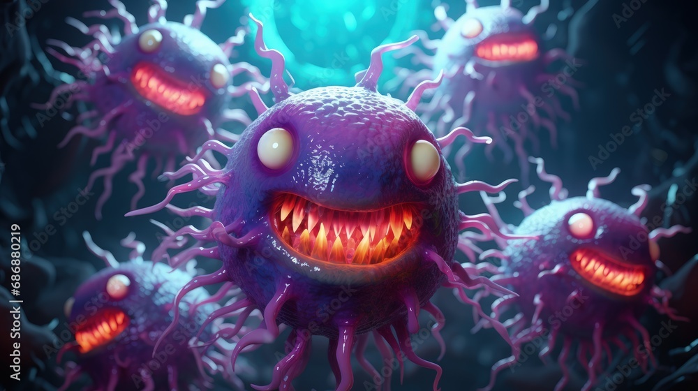 Cartoon characters cute, funny evil viruses, whimsical and infectious ...