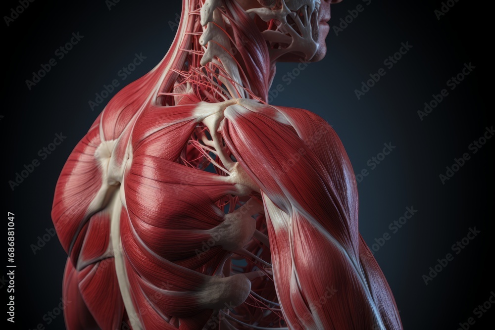 3D rendered medical illustration of human shoulder muscles and nerves ...