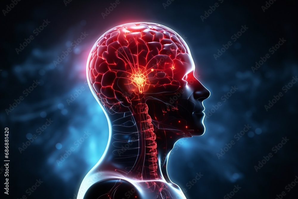 3D side image of human head with luminous brain network, electrical ...