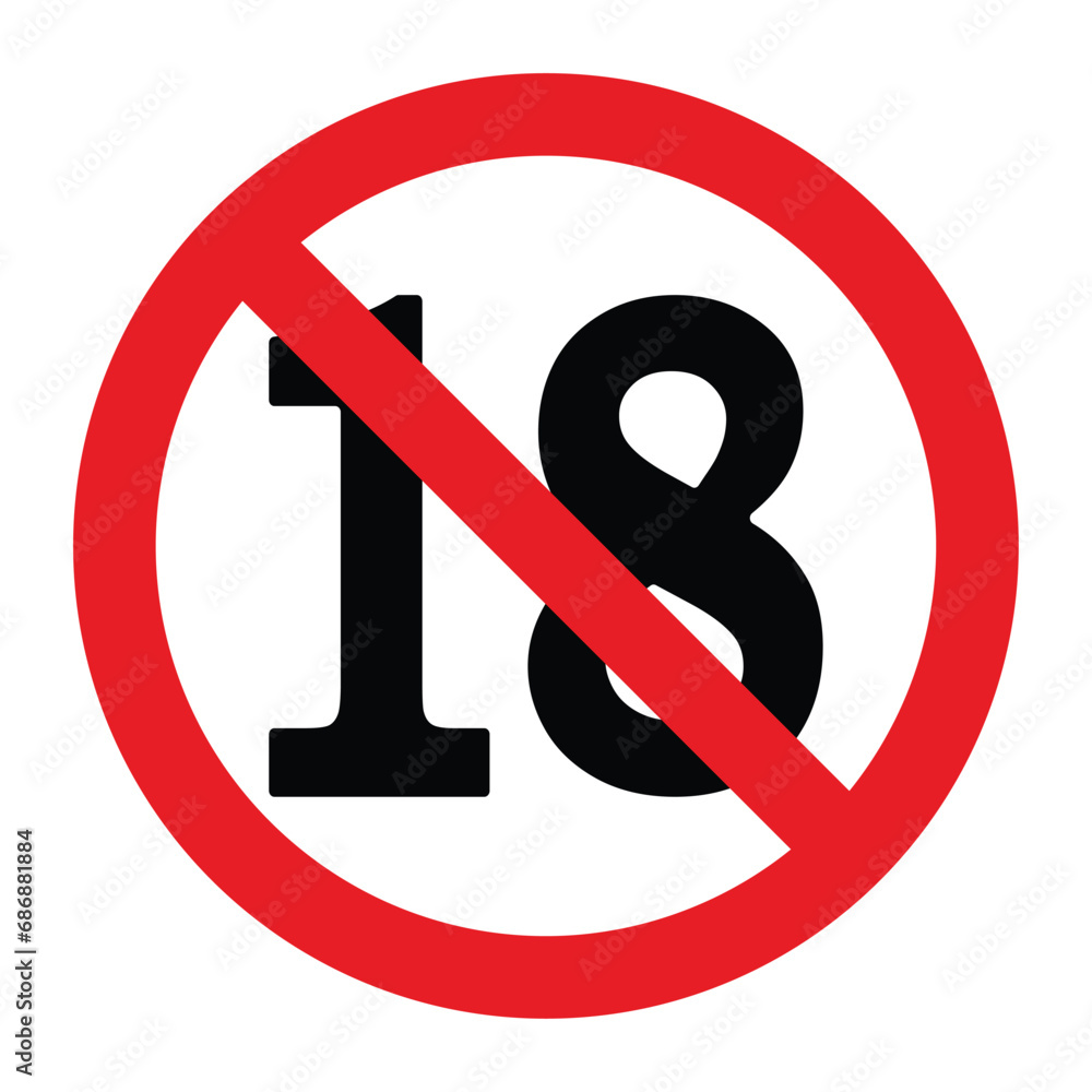 18 plus only icon. Age limit under 18 years old is forbidden circle ...