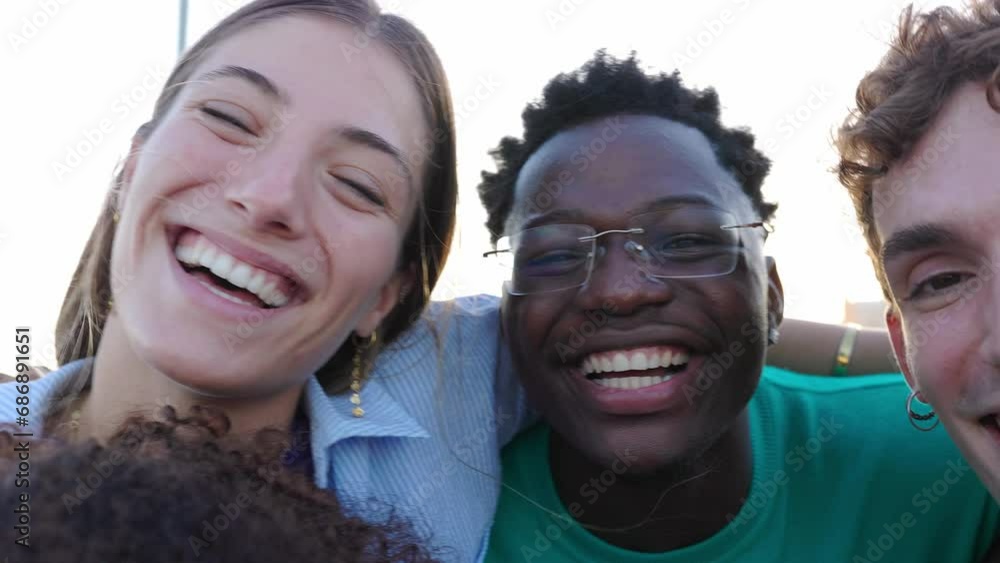 Close-up united portrait of young millennial teen students smiling ...