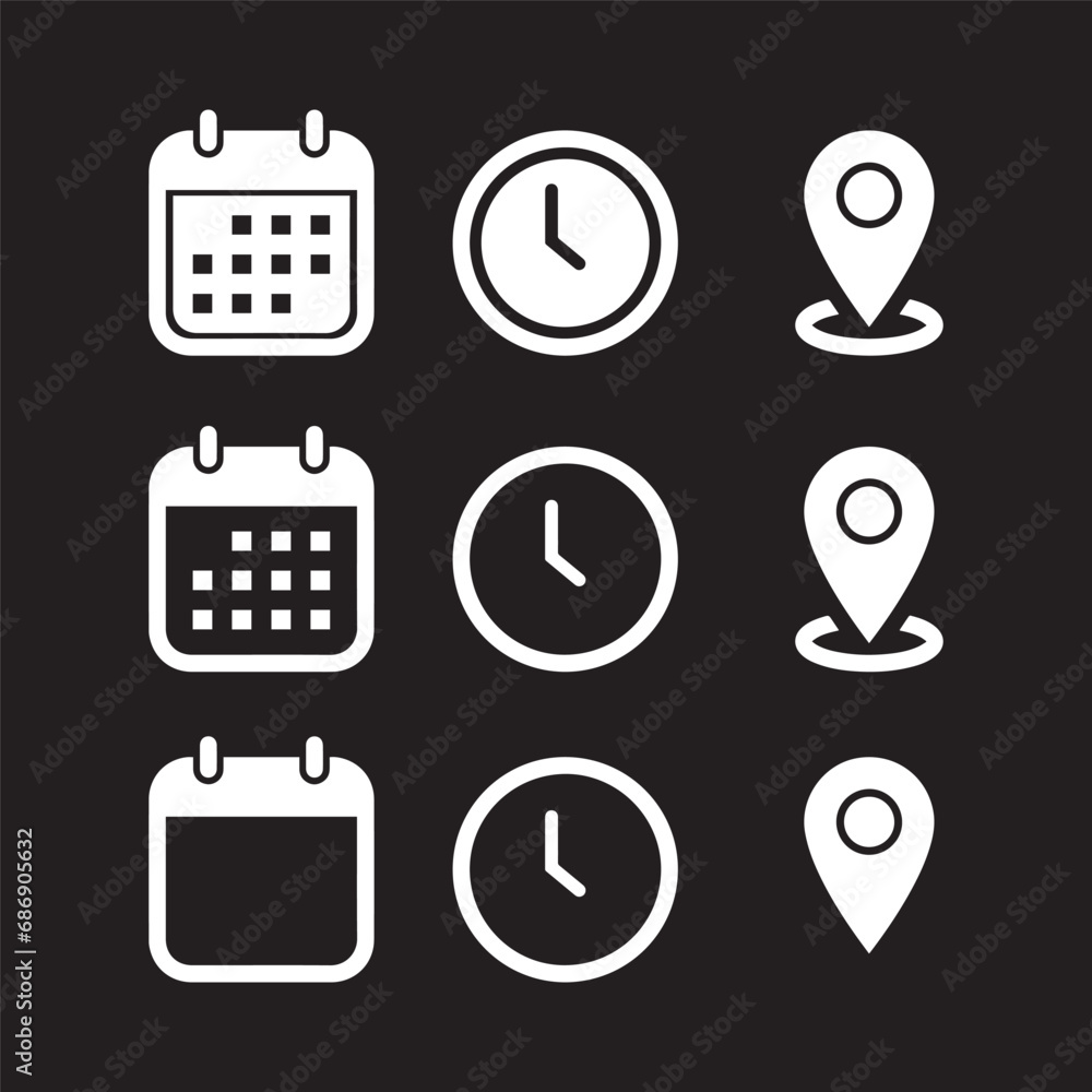 Address. time, and date icon vector. Event elements isolated on transparent background. Black ...