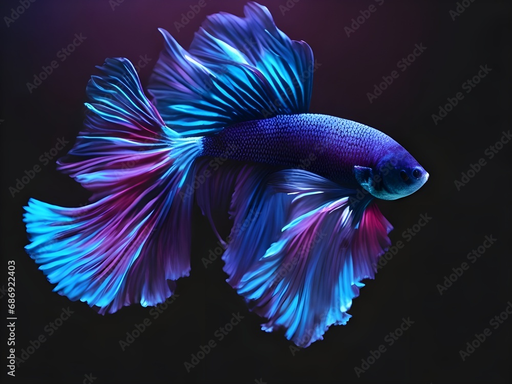 Blue betta fish in glowing neon modes in dark background. Blue dragon ...