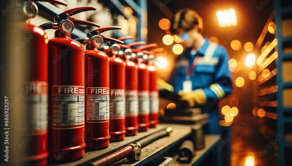 Inspector checking fire extinguishers at fire station - routine safety ...