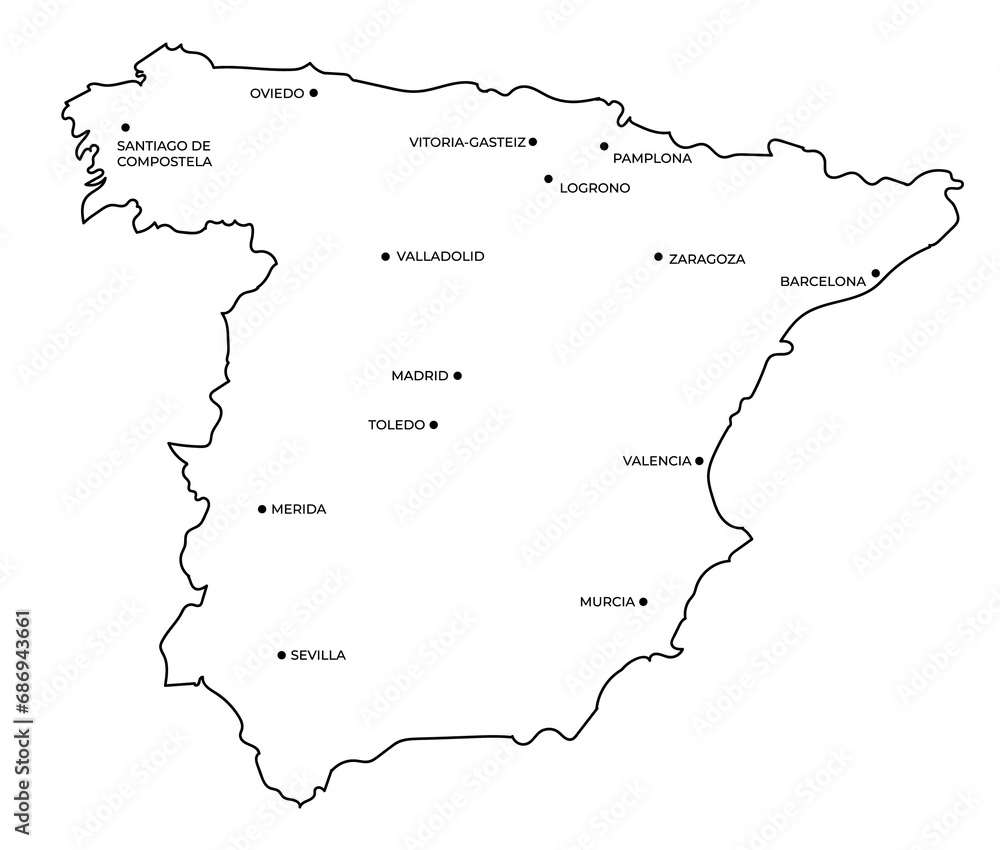 Map of Spain with cities and border black outline Stock Illustration ...