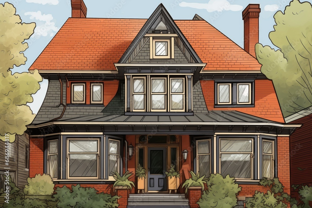 dutch colonial architecture, flared eave, slate-leaded windows ...