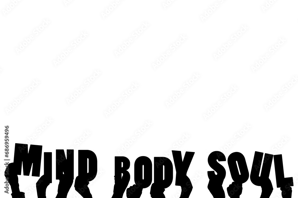 Digital png illustration of hands and mind body soul text on ...