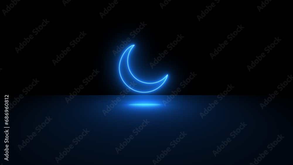 Glowing blue 3d neon moon symbol. Glowing neon line Moon icon ...