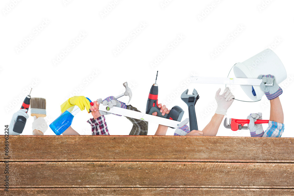 Digital png illustration of hands holding tools behind wood wall on ...