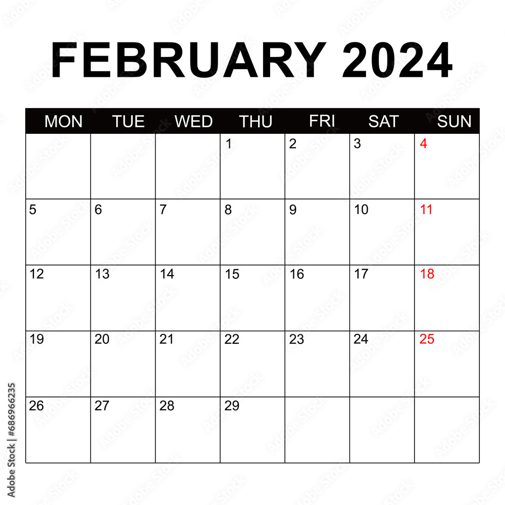 February 2024 Calendar. Week starts on Monday. Blank Calendar Template ...