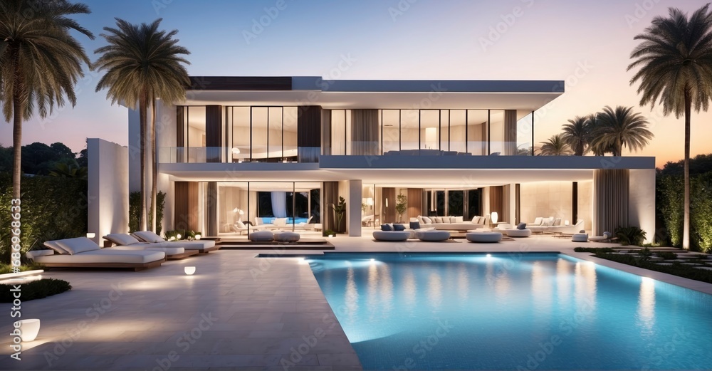 High-end residence featuring a dawn-lit pool, modern villa design ...