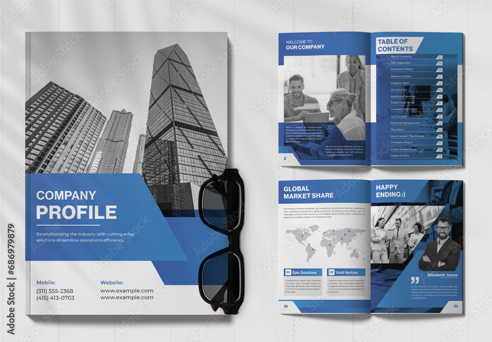 Company Profile Layout with Blue Accents Stock Template | Adobe Stock