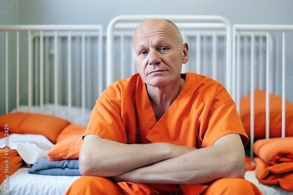 middle Caucasian prisoner in aged orange uniform behind metal bars ...