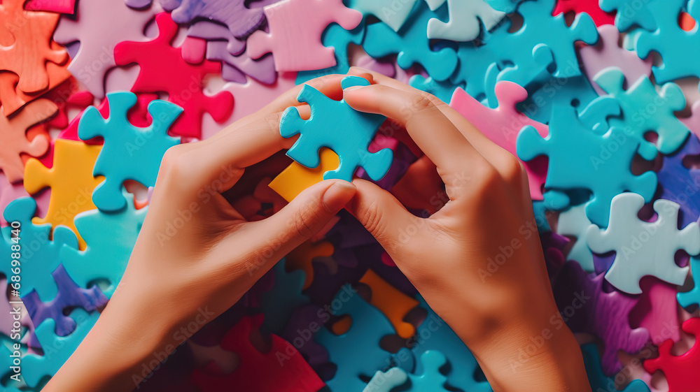 Two hands combine puzzle pieces. Metaphor for teamwork. Art collage ...