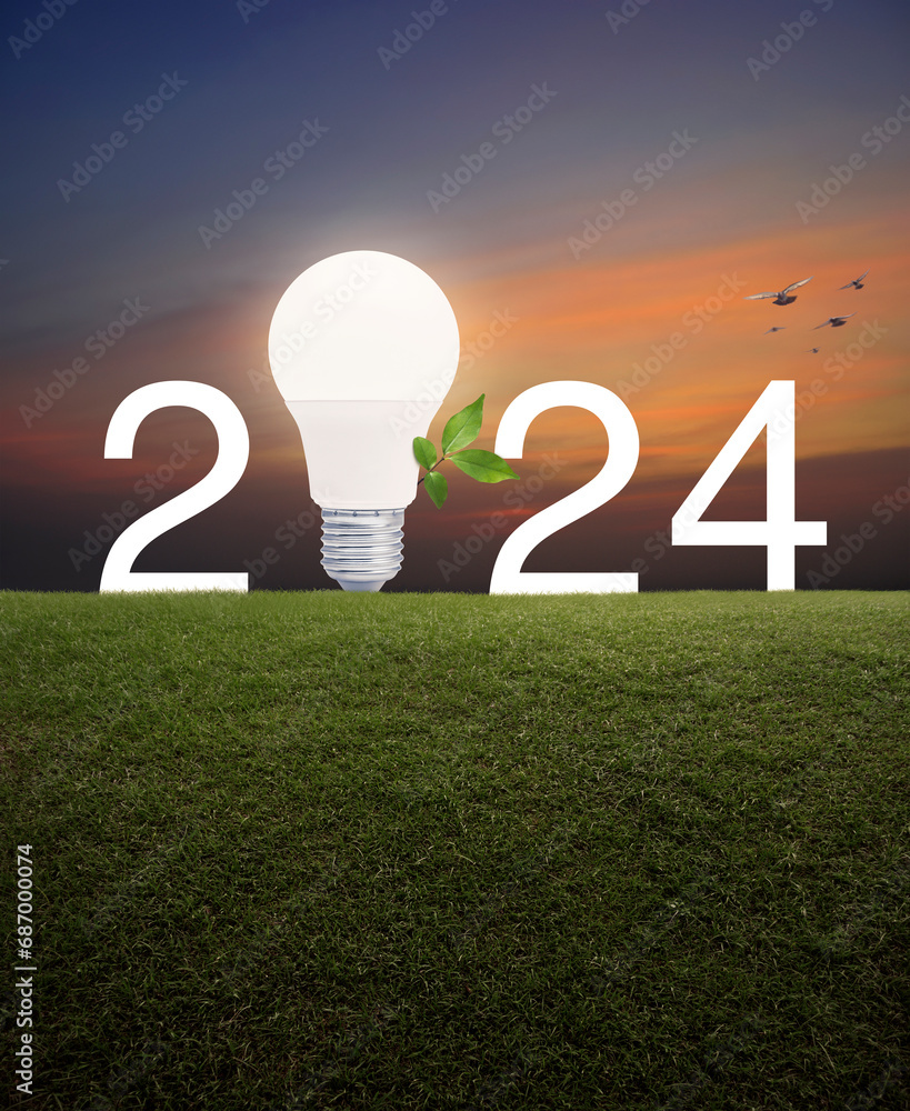 Fototapeta Led light bulb with fresh leaves and 2024 letter on green ...