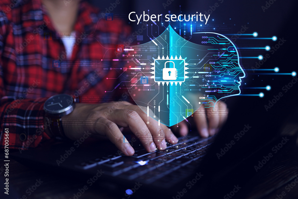 Cyber security concept with businessman using laptop computer to ...