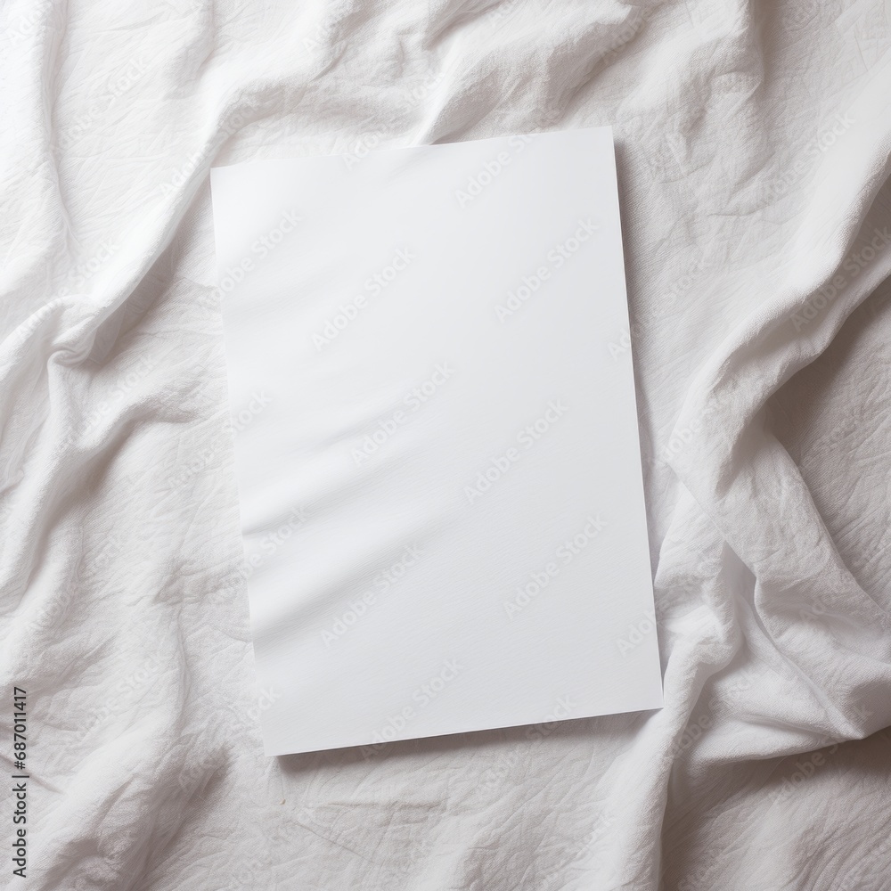Blank white sheet of paper on white fabric, minimalism sheet mockup for ...