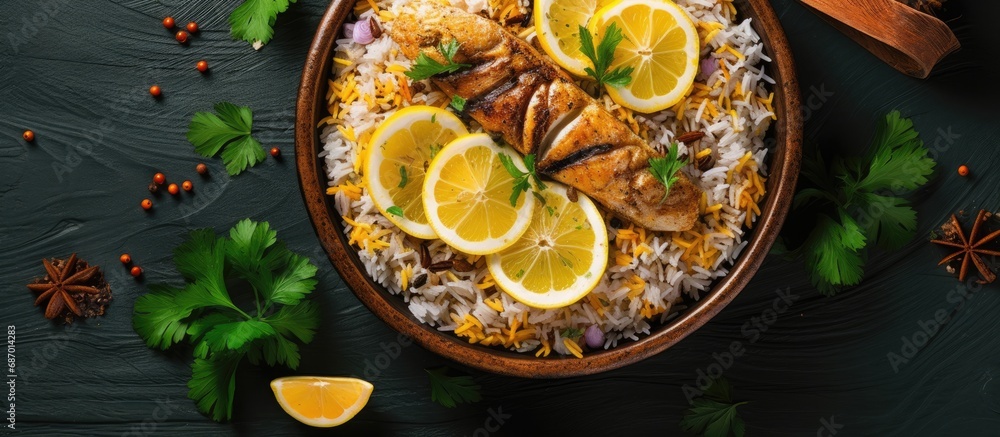 Middle Eastern dish: Arabian Sheri fish mandi rice with lemon slice ...