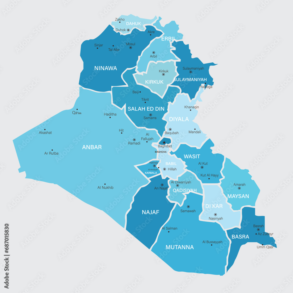 Iraq vector map. High detailed illustration with borders and cities ...