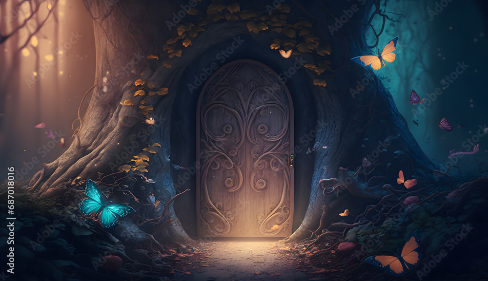 Fantasy enchanted fairy tale forest with magical opening secret door ...